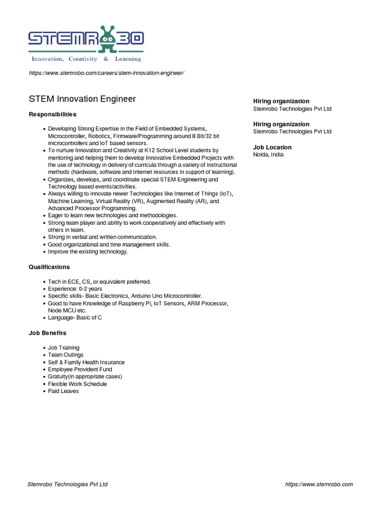 STEM Innovation Engineer Job Opening | PDF | Microcontroller | Internet ...