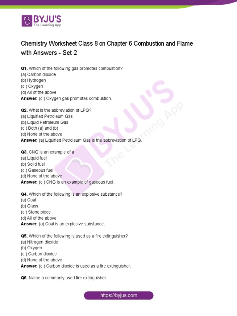 Chemistry Worksheet Class 8 On Chapter 6 Combustion and Flame With ...