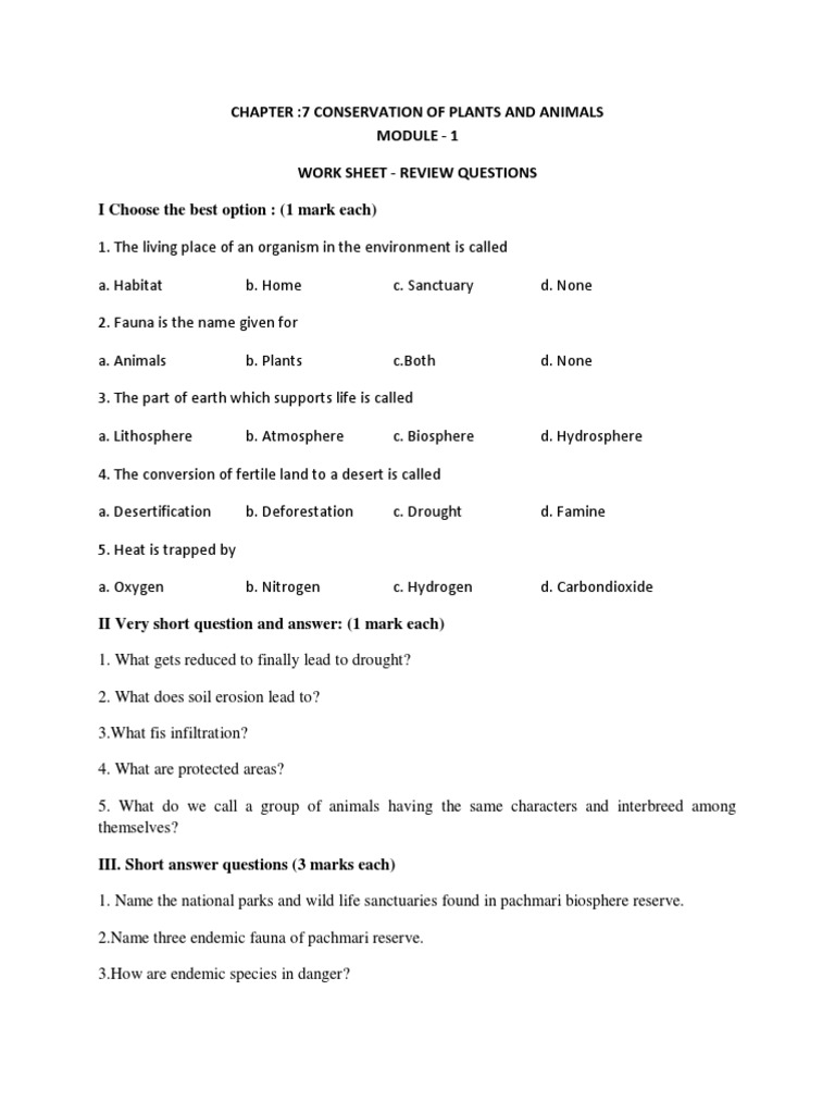 Viii Sci l07 m01 Conservation of Plants and Animals Worksheet | PDF