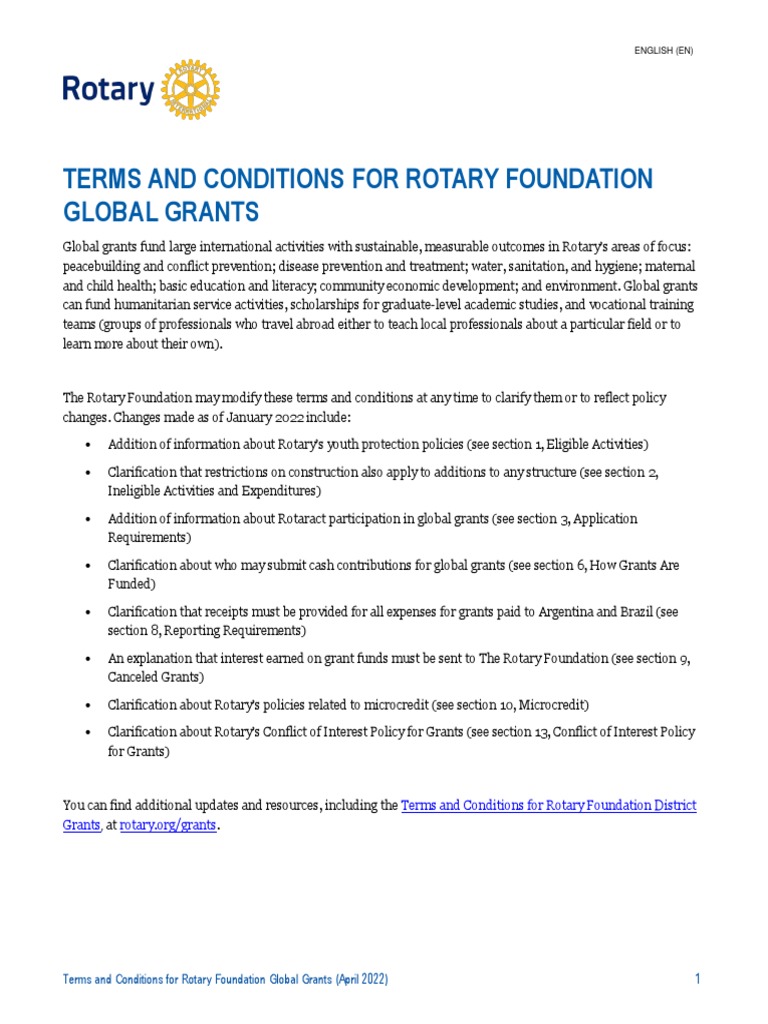 Terms Conditions Rotary Foundation Global Grants en | PDF ...