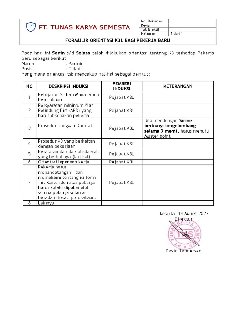 Formulir Orientasi K3L Pekerja Baru | PDF