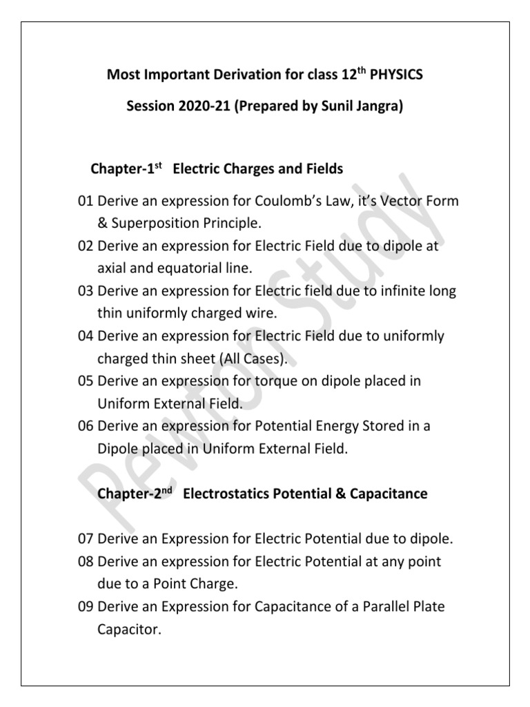 Most Important Derivation For Class 12th PHYSICS | PDF | Electric Field | Capacitor