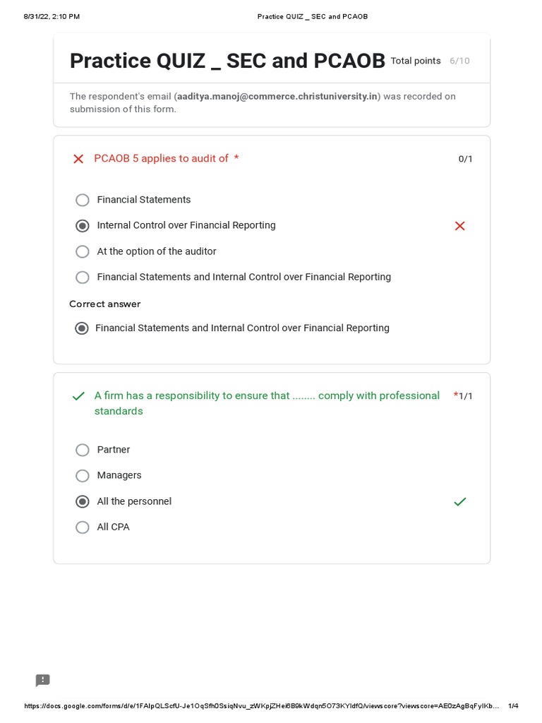 Practice QUIZ - SEC and PCAOB | PDF | Internal Control | Audit