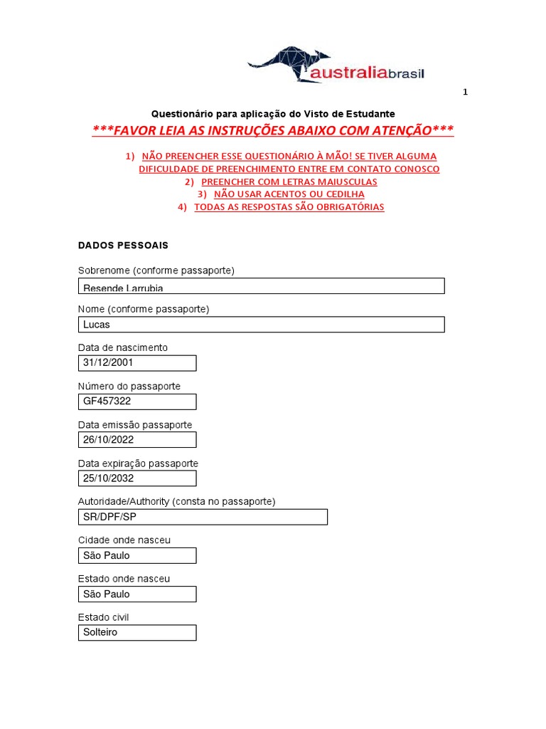 Questionário para Colher Os Dados Do Cliente para Aplicar VISTO de ESTUDANTE | PDF | Passaporte ...