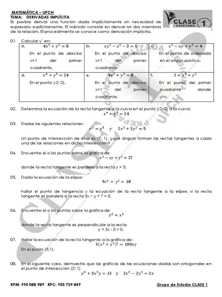 SEP 15 Derivadas Implicita | PDF | Tangente | Línea (geometría)