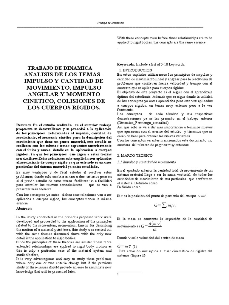 Impulso y Cantidad de Movimiento, Impulso Angular y Momento Cinetico ...
