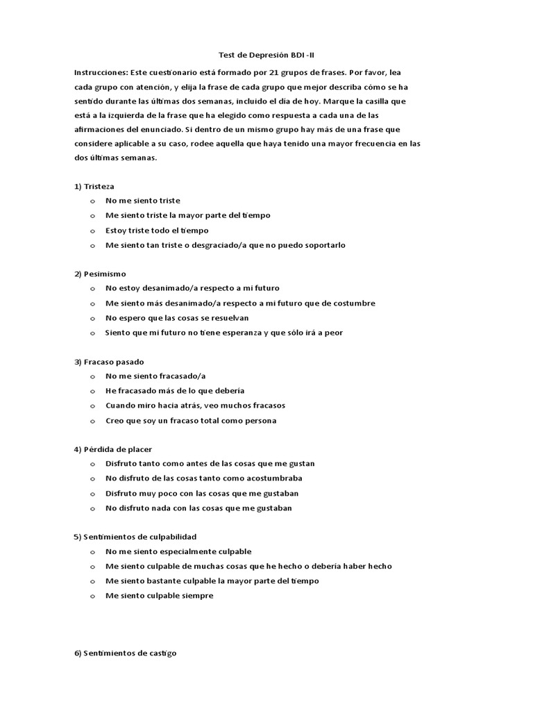 Test de Depresión BDI | PDF | Dormir