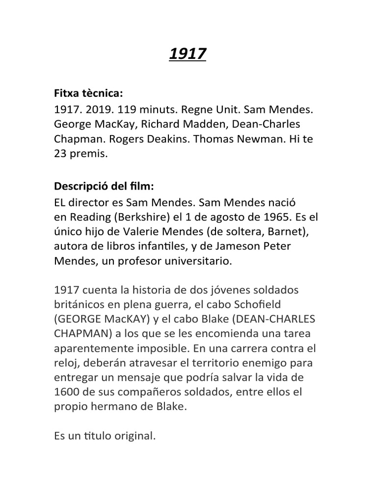 Trabajo Película 1917 | PDF
