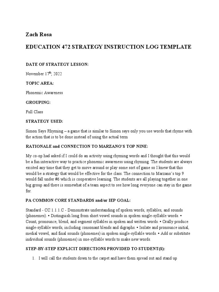 Simon Says Rhyming Strategy Write Up | PDF | Syllable | Phoneme