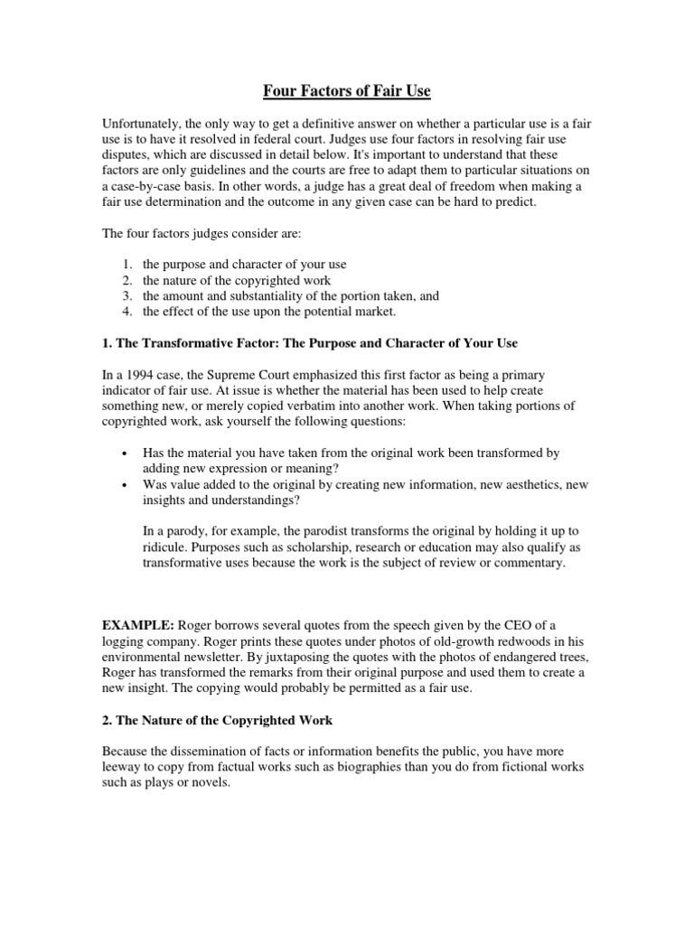 Four Factors Of Fair Use Download Free Pdf Fair Use Intellectual