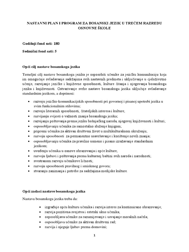 1. Nastavni Plan i Program Za Bosanski Jezik Za Treći Razred Osnovne ...