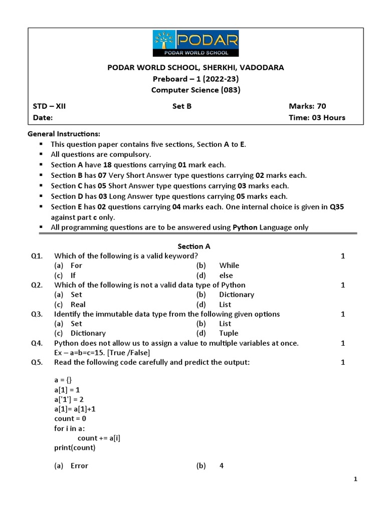 Xii Preboard1 QP Set B | PDF | Subroutine | Databases