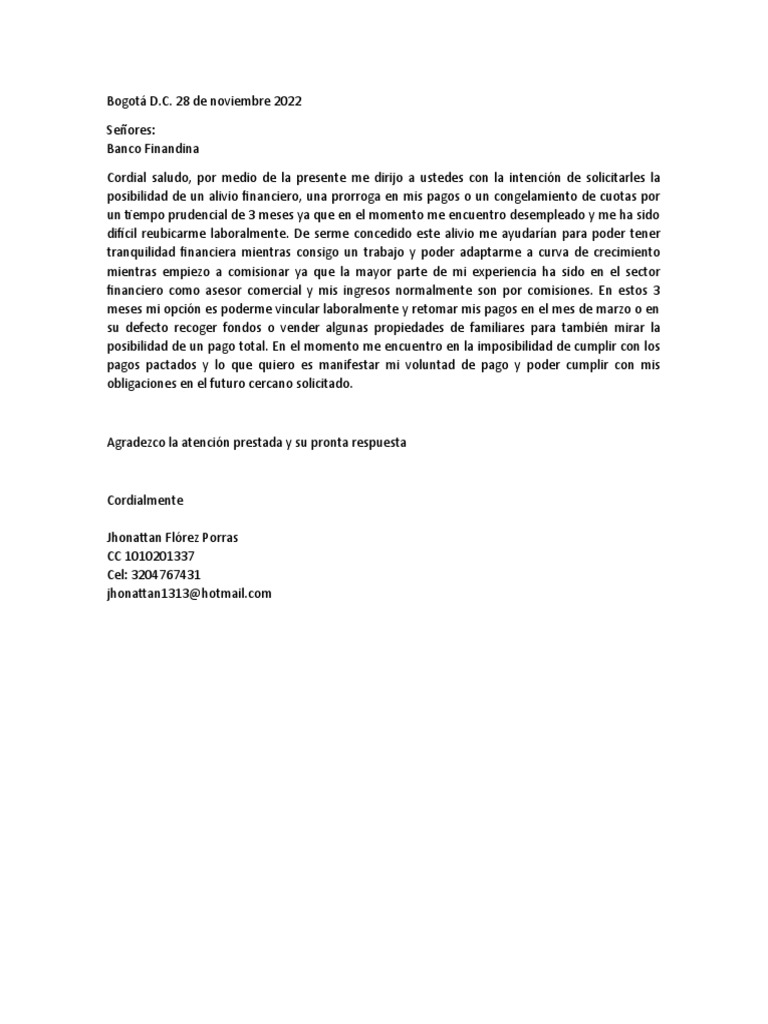 Solicitud de Alivio Financiero a Finandina | PDF