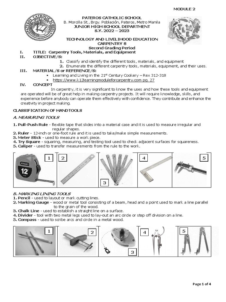 2nd QUARTER Module 2 TLE Carpentry Tools Materials and Equipment 2022 ...