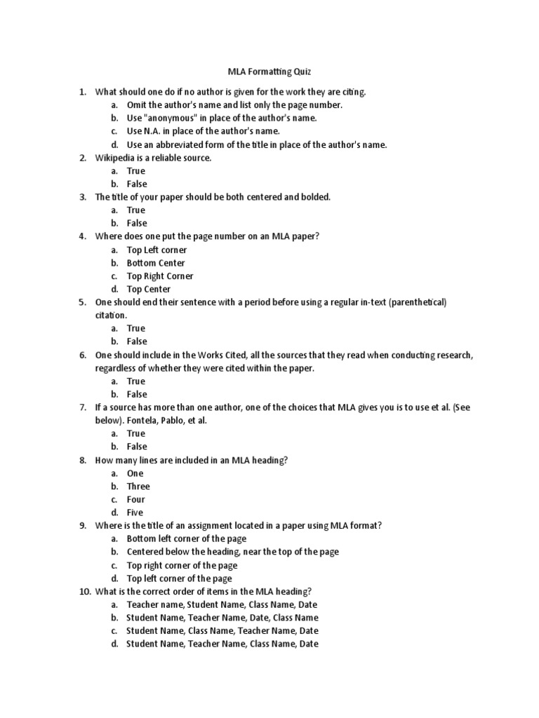 MLA Formatting Quiz and Answers | PDF