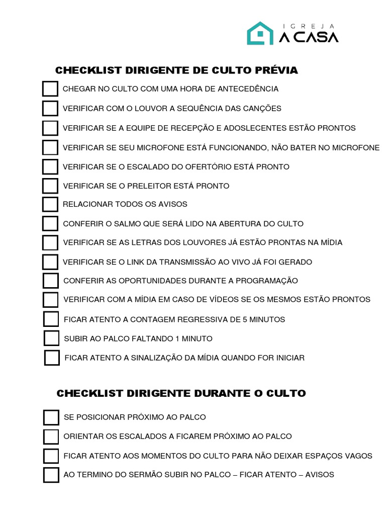 Checklist completo para preparação e execução de culto presencial | PDF
