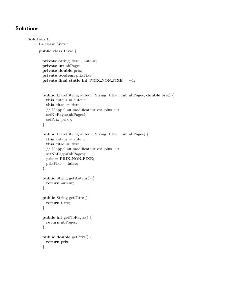 Solutions. Solution 1. La Classe Livre - Public Class Livre ( | PDF