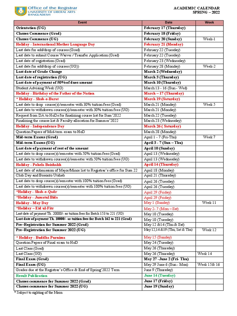 Academic Calendar Spring 2022 | PDF | Academic Term | Academia