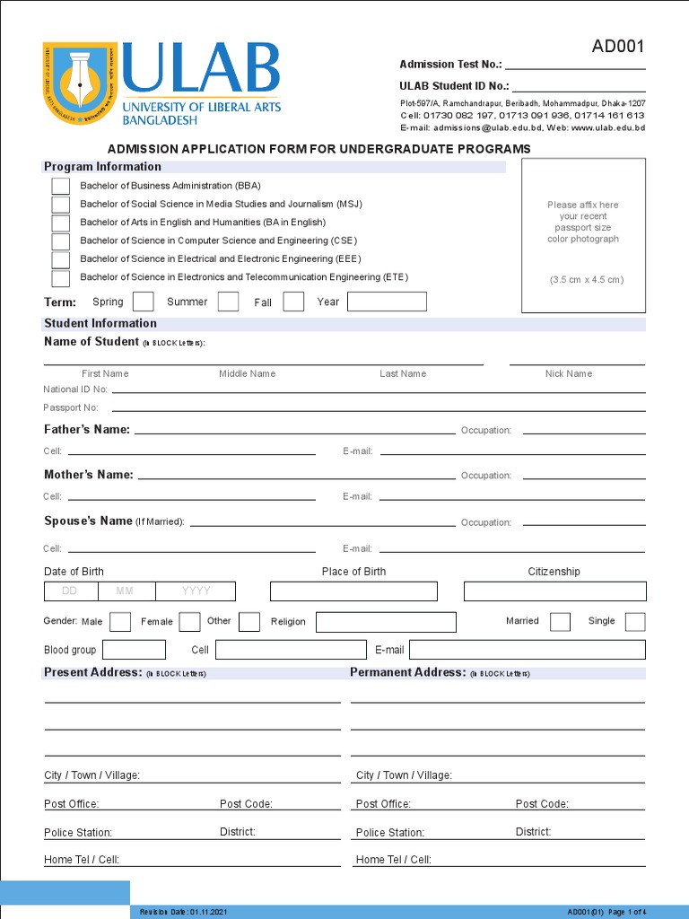 ULAB Undergraduate Admission Form | PDF | University And College Admission