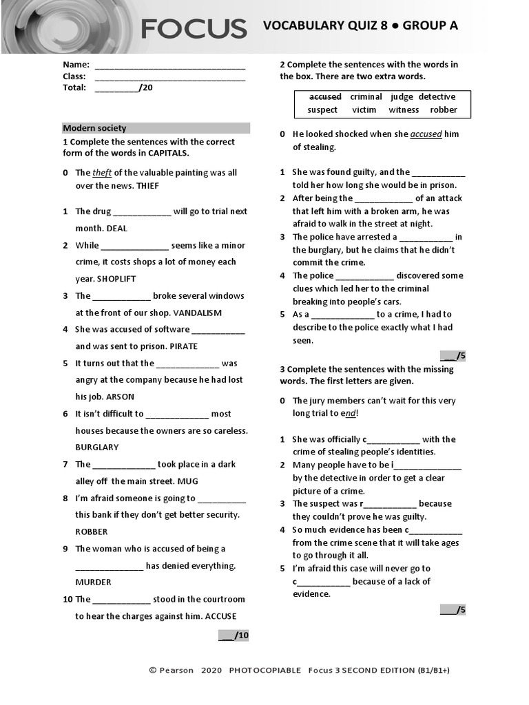 Focus3 2E Vocabulary Quiz Unit8 GroupA | PDF | Theft | Common Law