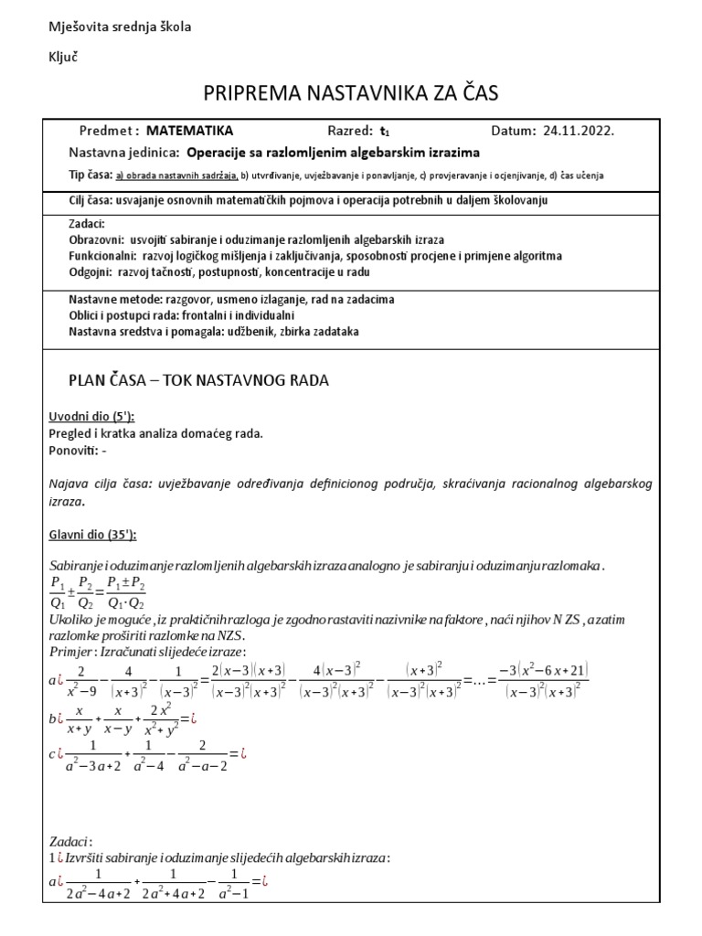 Priprema Nastavnika Za Čas: Plan Časa - Tok Nastavnog Rada | PDF