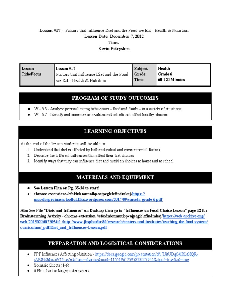 Lesson #17 - Factors That Influence Diet and The Food We Eat - Health ...