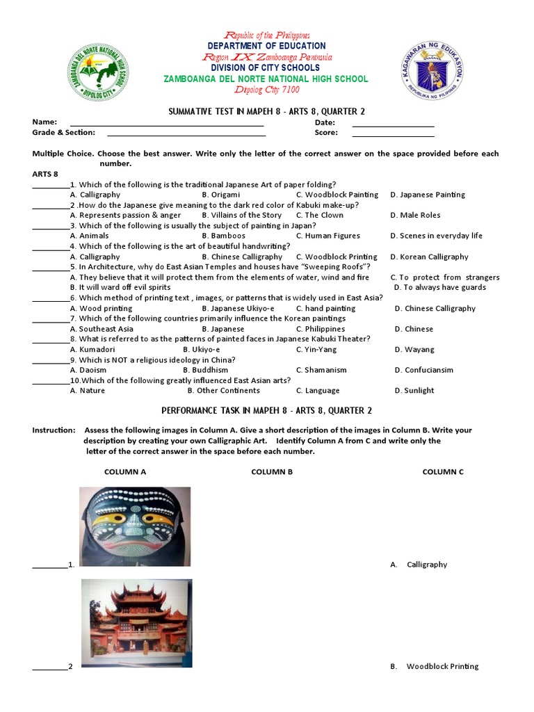 Summative Test Arts 8 Q2 1 1 | PDF | Calligraphy