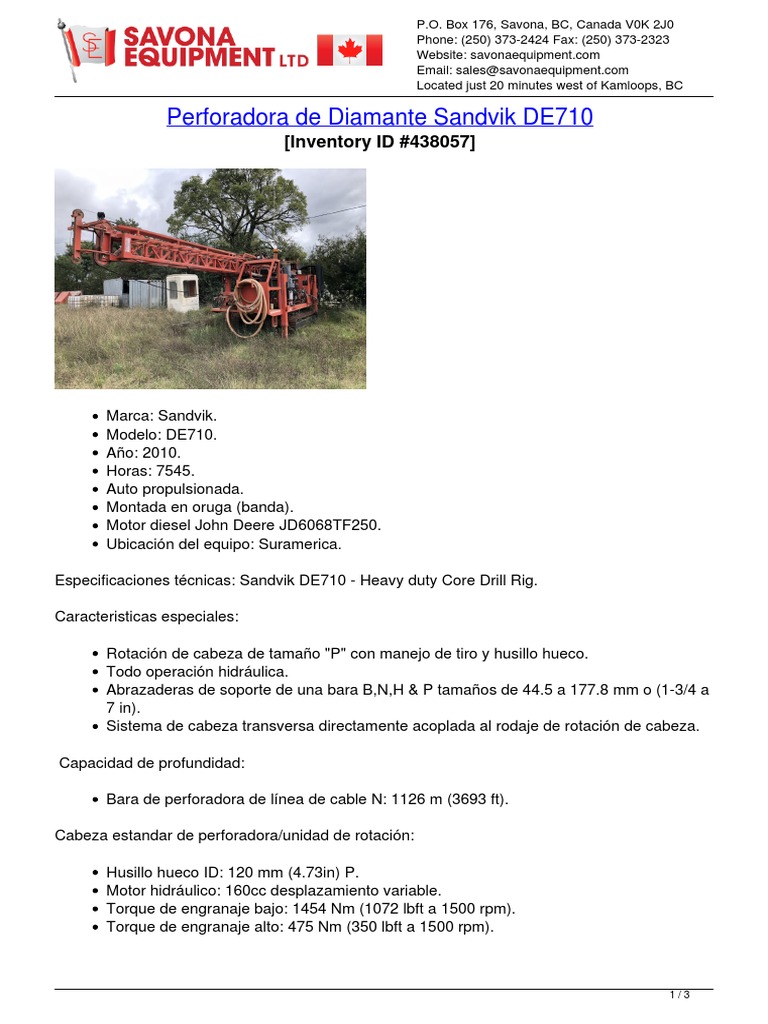 Perforadora de Diamante Sandvik De710 | PDF | Tecnología de vehículos ...