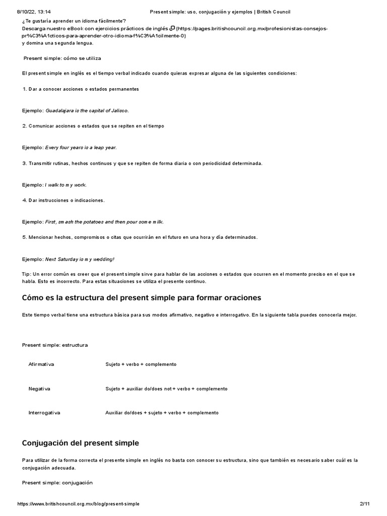 Present Simple - Uso, Conjugación y Ejemplos - British Council | PDF | Verbo | Conjugación ...