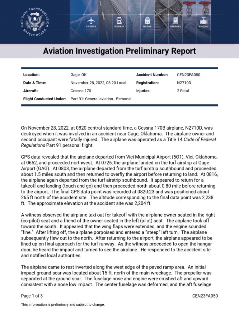 NTSB Prelim Report On Gage Plane Crash | PDF | Aircraft | Federal ...
