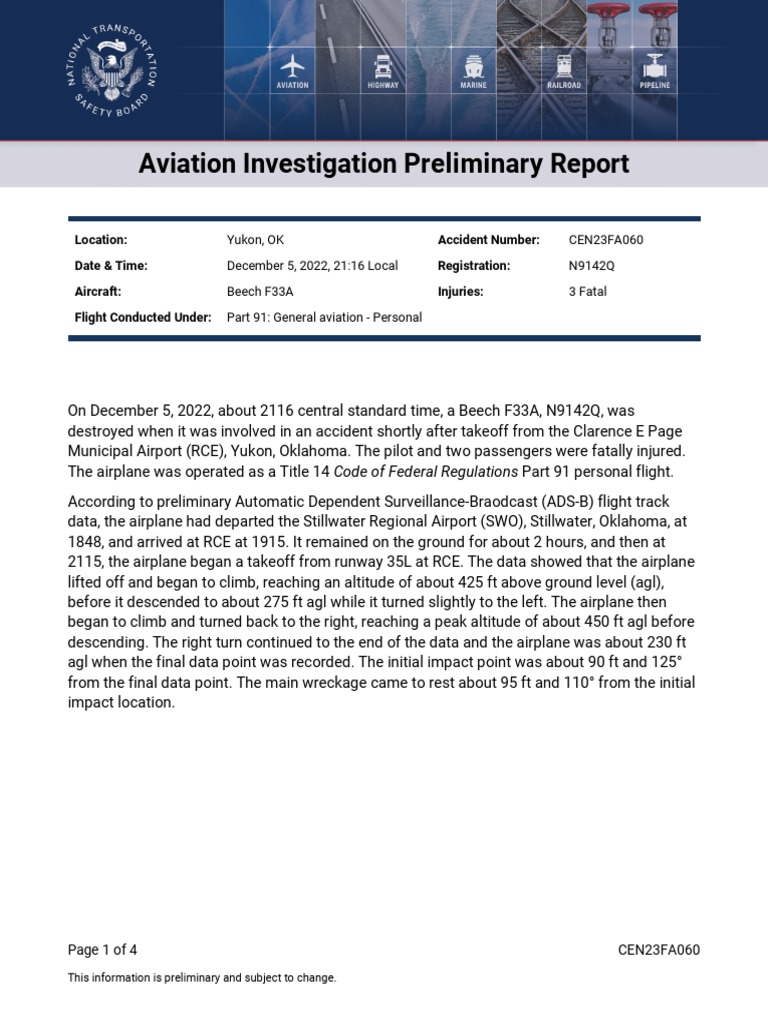NTSB Yukon Plane Crash Prelim Report | PDF | Aircraft | Airport