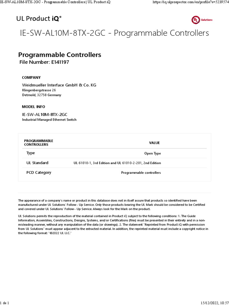 IE-SW-AL10M-8TX-2GC - Programmable Controllers - UL Product Iq | PDF