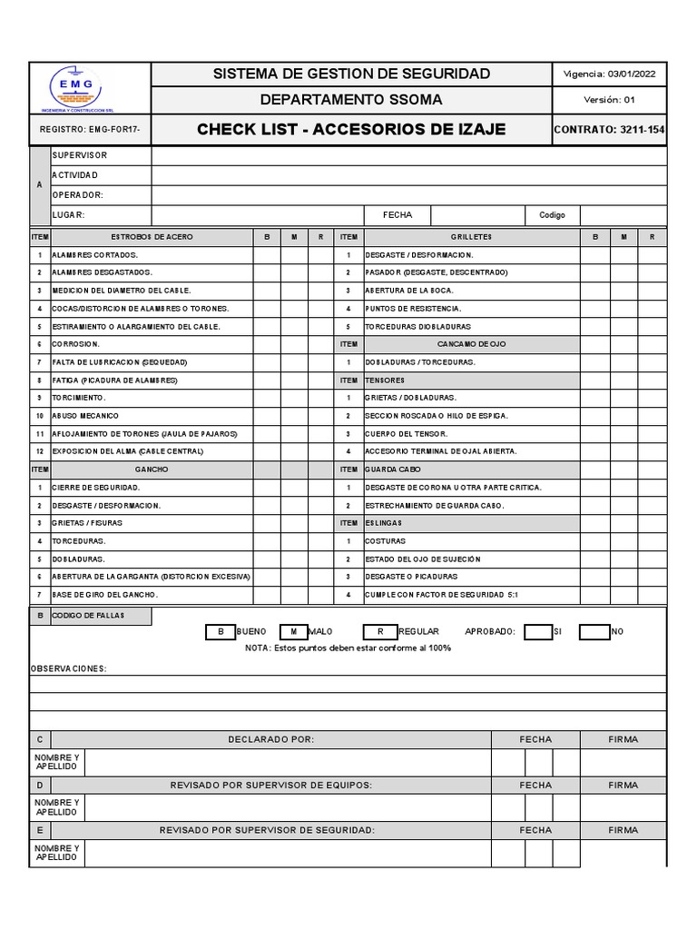 EMG-FOR17-015 Formato Check List Accesorio de Izaje | PDF | Ingeniería ...