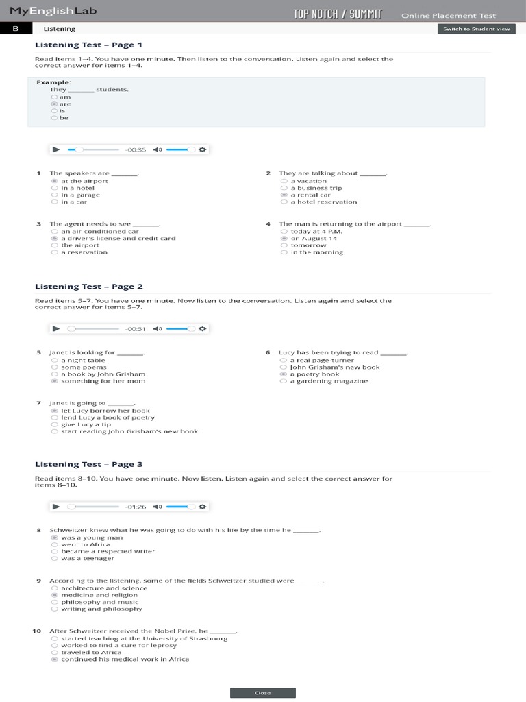 Listening Test - Mode Preview - Placement Test B Listening - Top | PDF