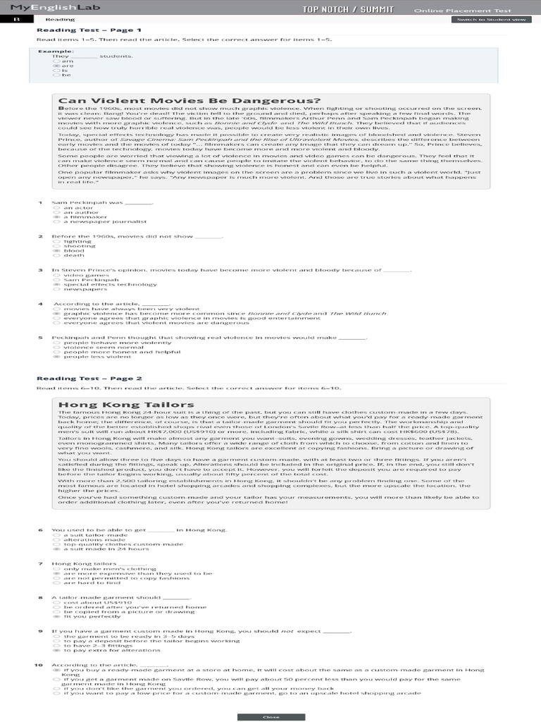 Reading Test - Mode Preview - Placement Test B Reading - Top Notch | PDF