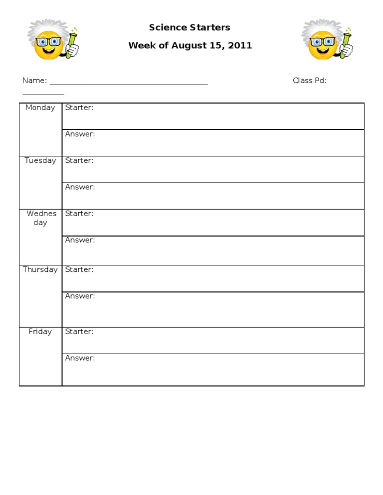 Weekly Science Starters Template | PDF | Self-Improvement