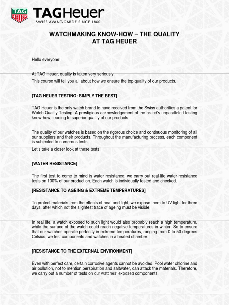 TAG Heuer Watch Quality Testing Explained | PDF | Water | Chemistry