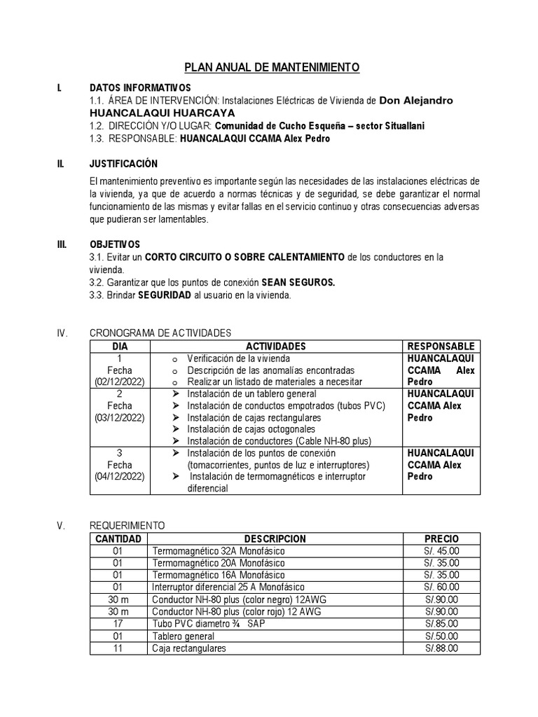 Esquema de Plan de Mantenimiento Eléctrico | PDF | Electricidad | Electromagnetismo