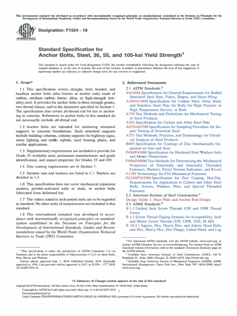 Astm F1554 - 18 | PDF | Screw | Steel
