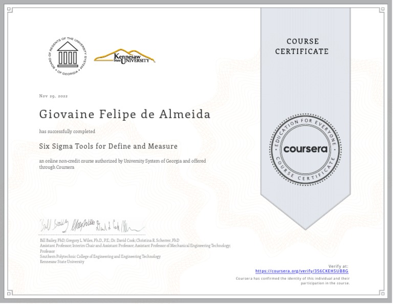 Coursera 356CKEHSUB8G - 6 Sigma Tools For Define and Measure | PDF