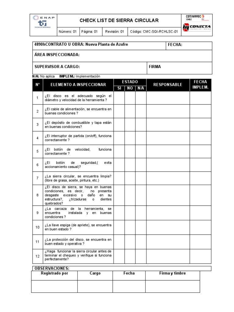 Check List Sierra Circular (CMC-SGI-RCHLSC-01) CTN | PDF