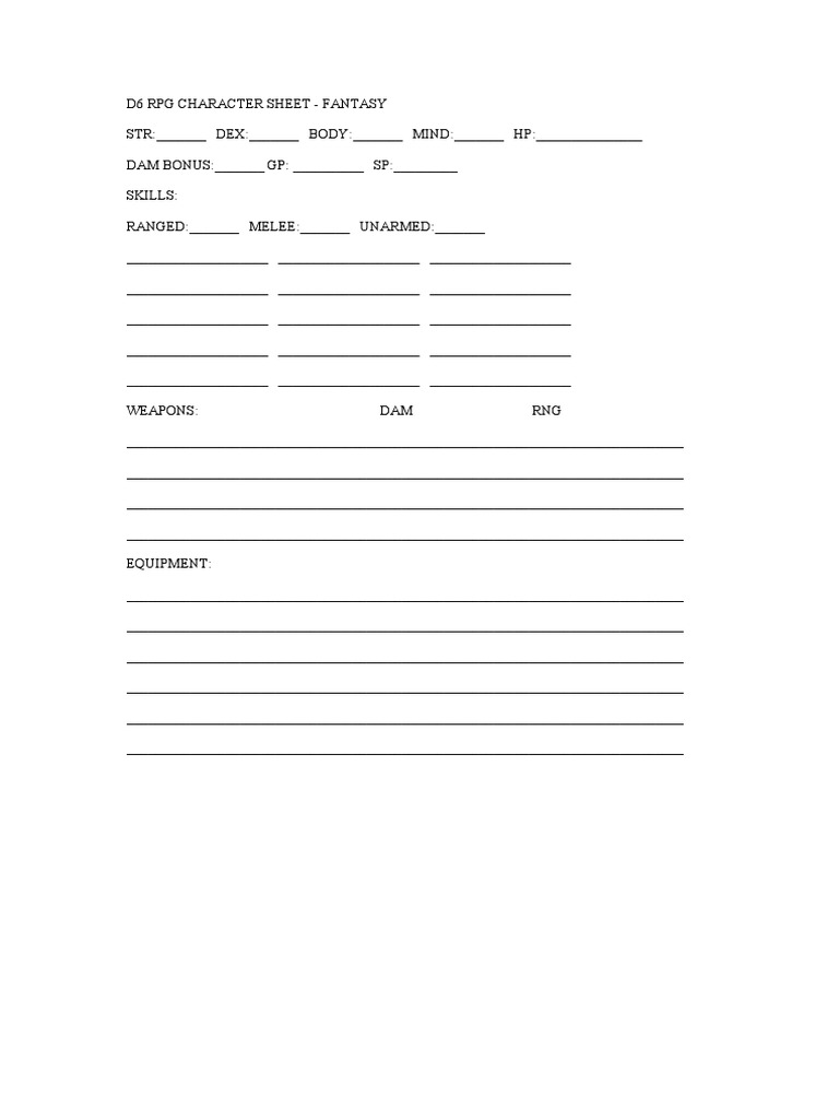D6 RPG Character Sheet Fantasy | PDF