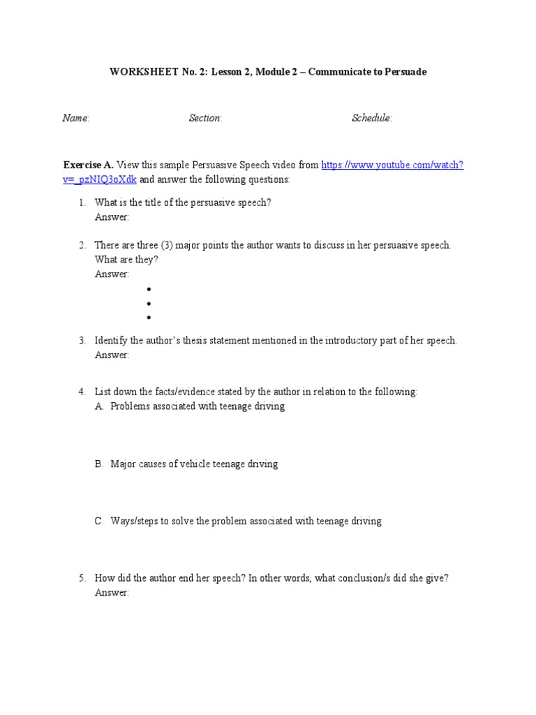 Persuasive Speech Worksheet Guide | PDF
