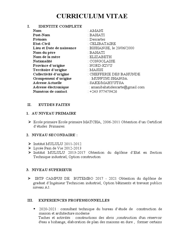 CV de Descartes Amani Bahati | PDF