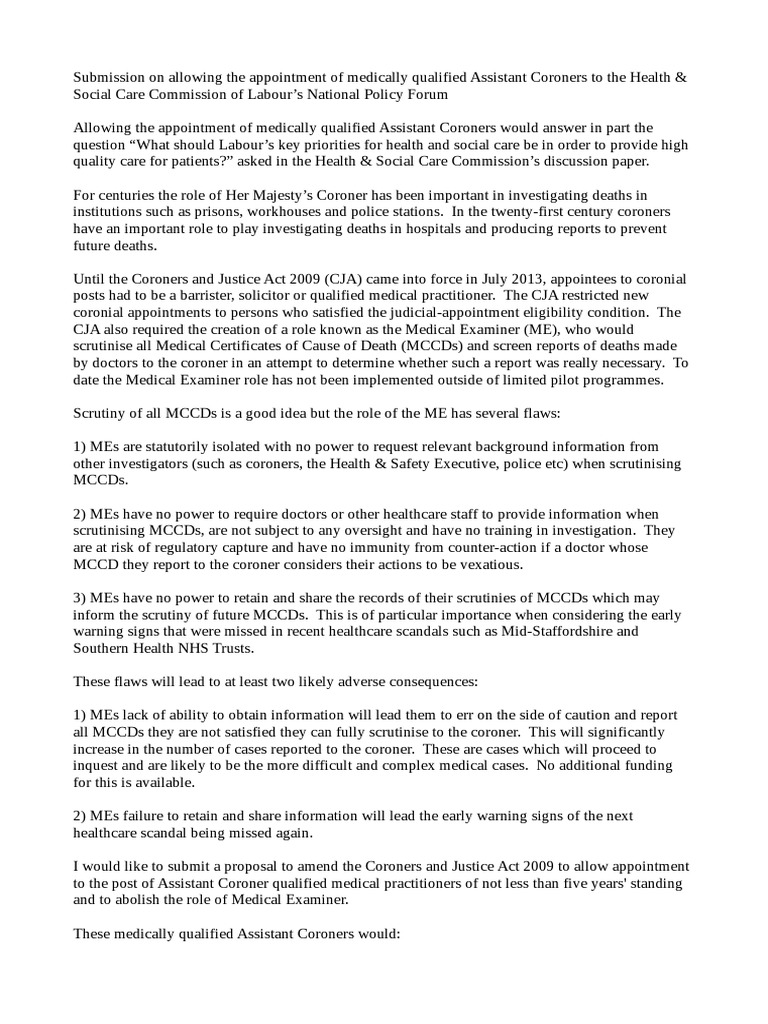 Allowing The Appointment of Medically-Qualified Coroners Submission ...