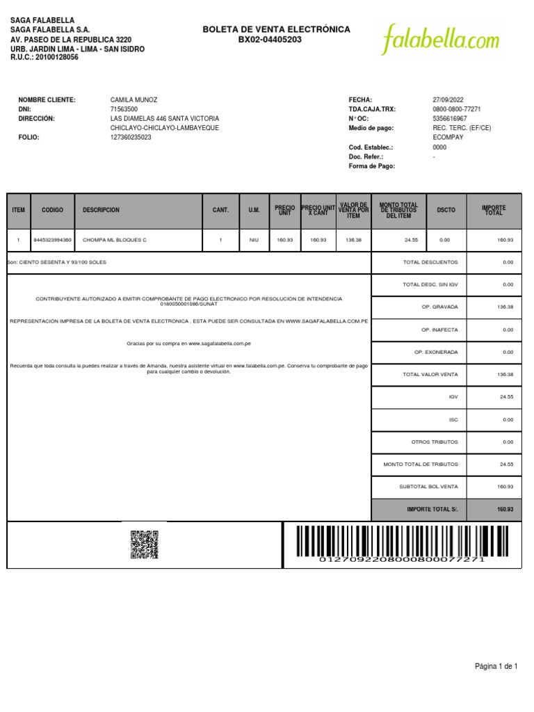 Saga Falabella boleta venta electrónica ropa | PDF