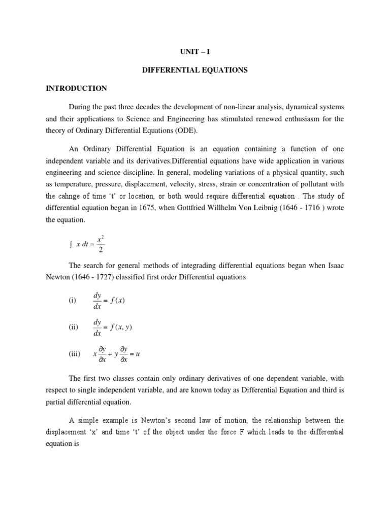 Unit I Differential Equations PDF | PDF | Differential Equations | Ordinary Differential Equation