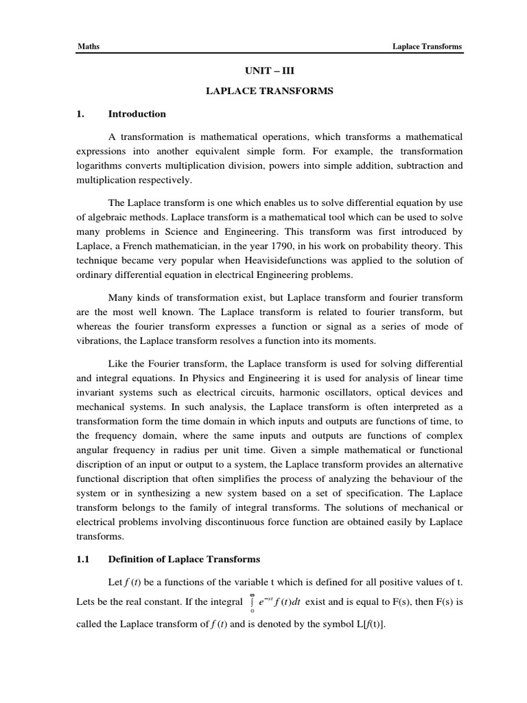 Unit III Laplace Transform PDF | PDF | Fourier Transform | Equations Unit III Laplace Transform PDF | PDF | Fourier Transform | Equations