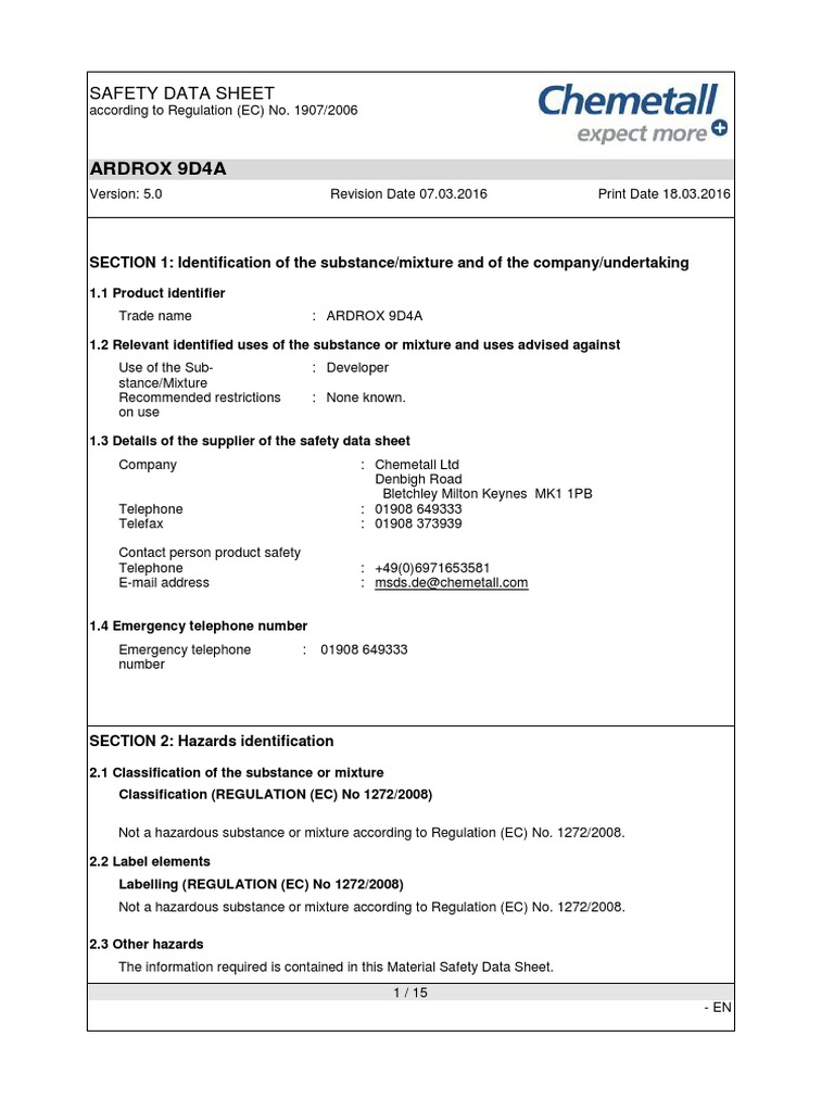 Ardrox 9D4A MSDS | PDF | Dangerous Goods | Particulates