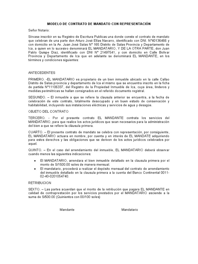 modelo-de-contrato-de-mandato-con-representacion (1) | PDF | Derecho y ...